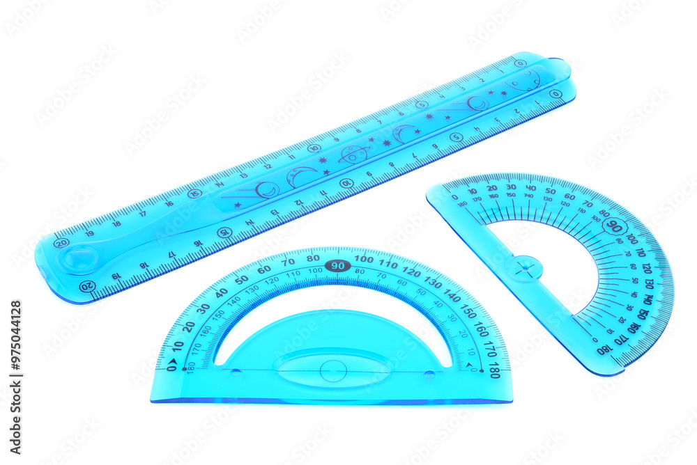 flexible, bendable, ruler and drawing protractor, blue triangle ...