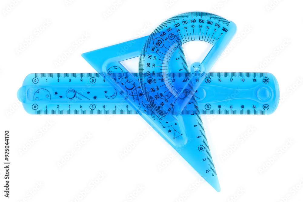 flexible, bendable, ruler and drawing protractor, blue triangle ...