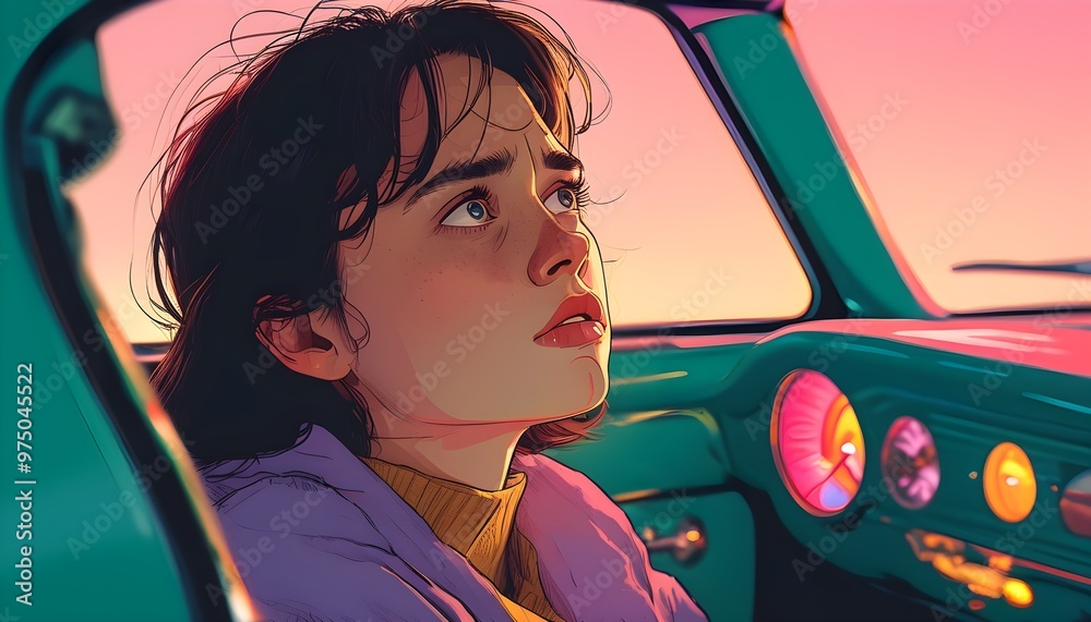 Confused individual in a vibrant car interior, illuminated dashboard ...