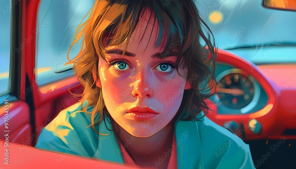 Confused individual in a vibrant car interior, illuminated dashboard ...