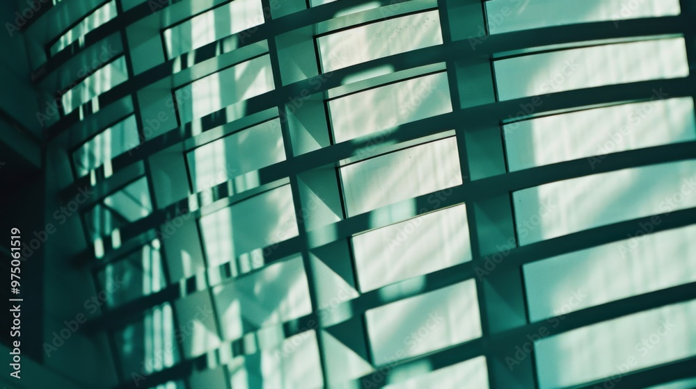 Reflective, geometric architectural construct bathed in soft green ...