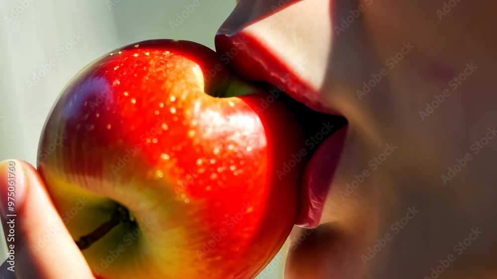 A close-up shows a woman with bright red lips biting into a shiny red ...
