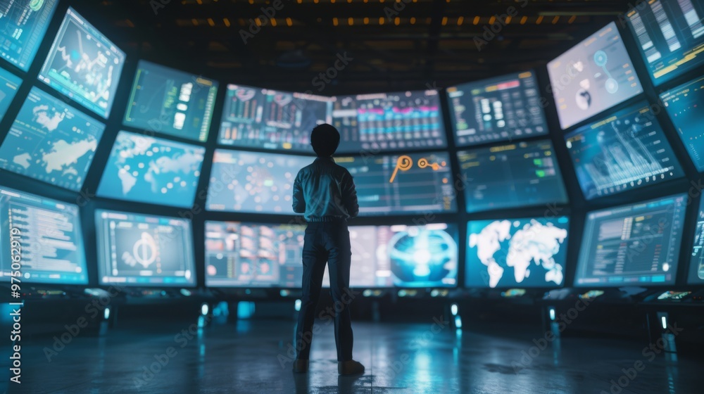 A person stands before an expansive array of screens displaying various ...