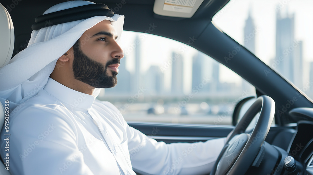 Arab man in traditional white clothing is driving a high-end vehicle ...