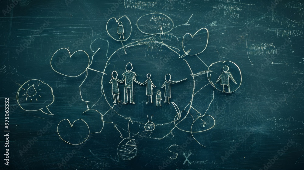 A chalkboard drawing depicting a connected family tree with various ...