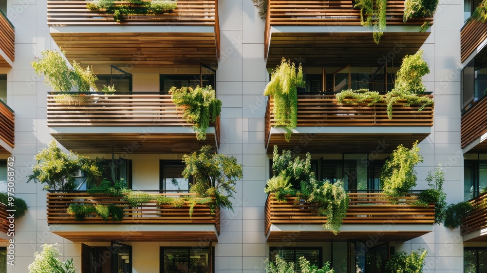 Contemporary apartment building with balconies adorned with lush ...