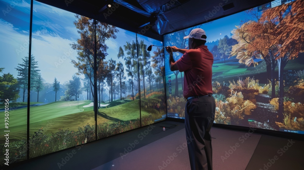 A simulator golf game in action, set in an immersive environment with ...