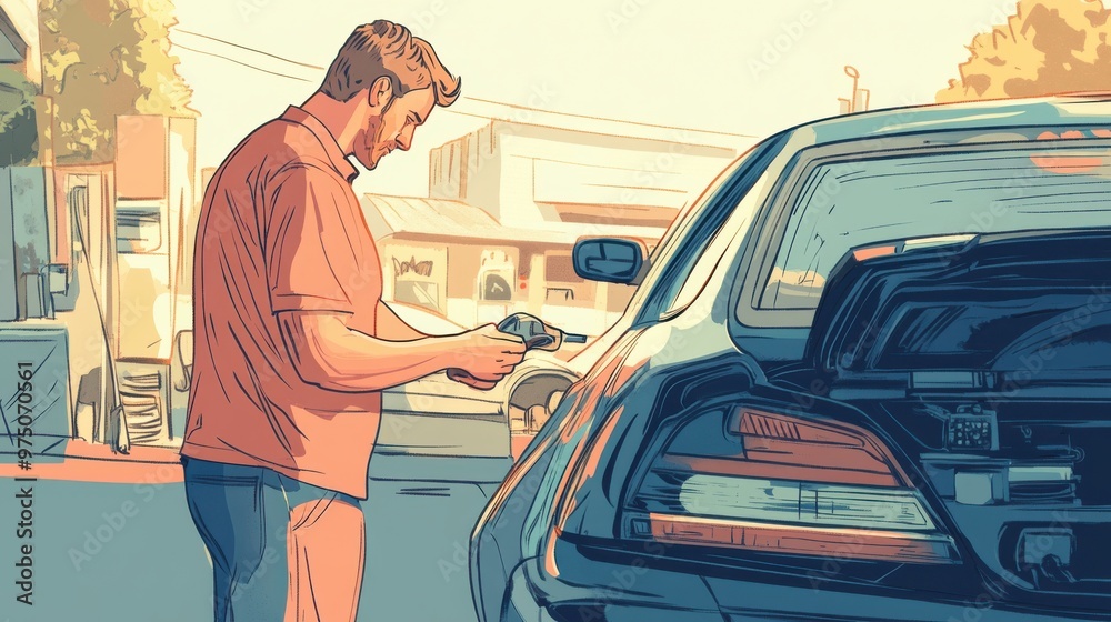 Hand-drawn illustration of a man using tools to break into a car ...