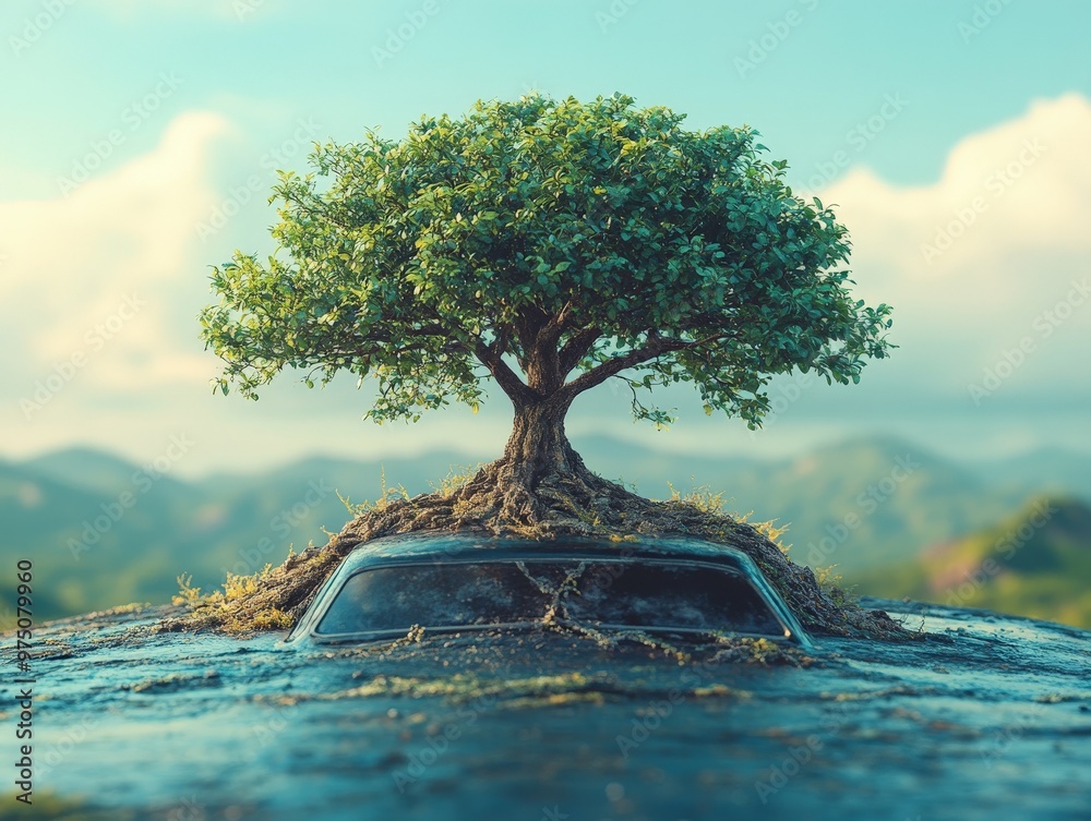 A large tree thrives atop a nearly submerged car, creating a powerful ...