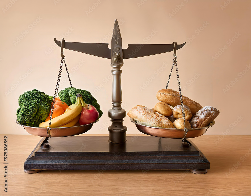Balance scale comparing the weight of healthy fruits and vegetables ...