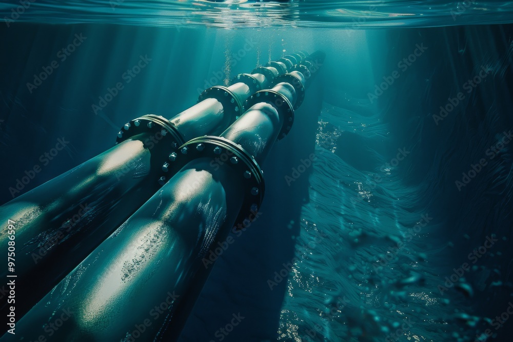 Multiple large pipelines extending into the deep blue ocean, illuminated by dappled light from ...