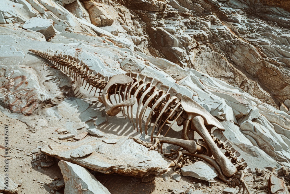 Dinosaur skeleton fossil lies scattered amidst rocky terrain ...