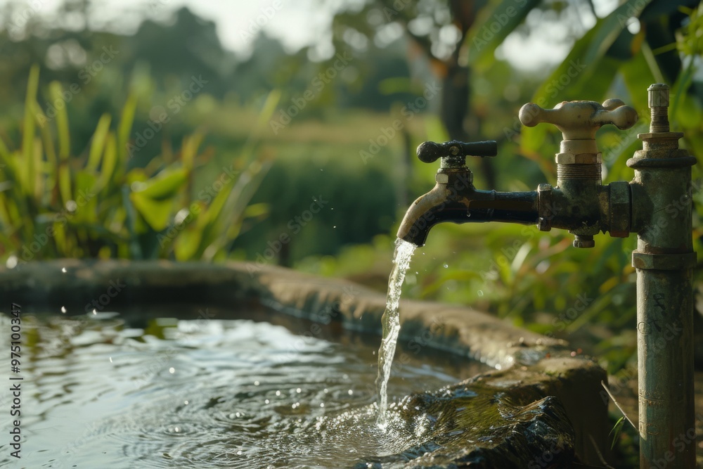 An old outdoor water tap flows steadily into a rustic basin amidst lush ...