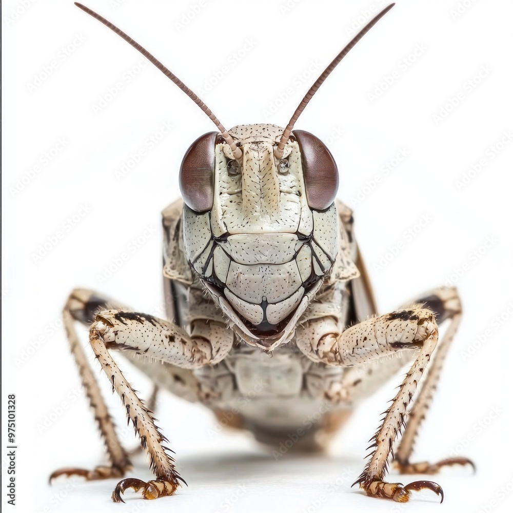 striking close-up features a desert locust with folded legs ...