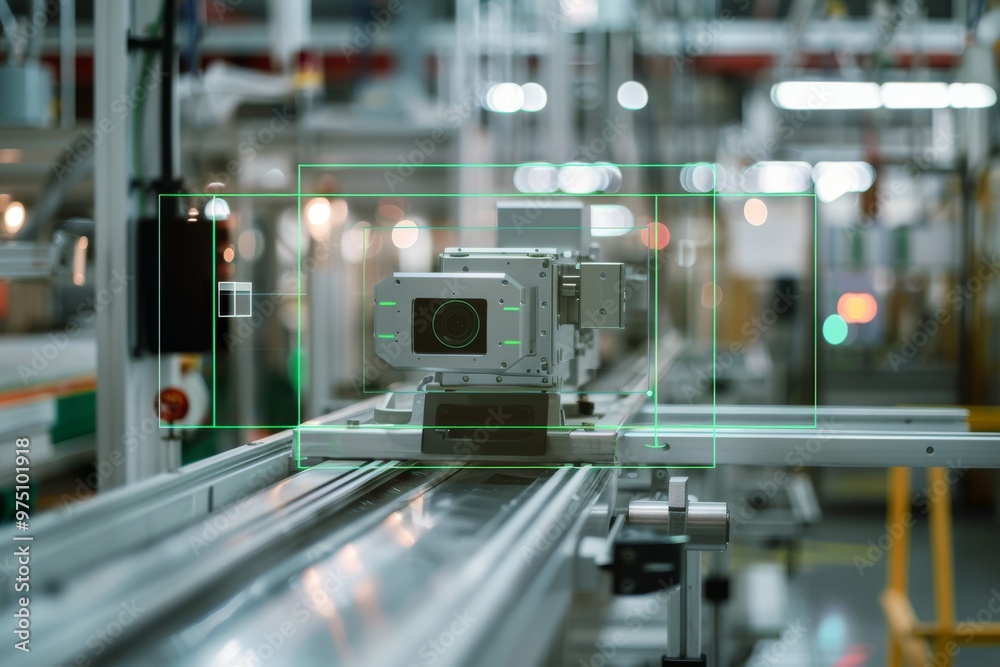 A sophisticated, high-tech machine on a conveyer belt in a futuristic ...