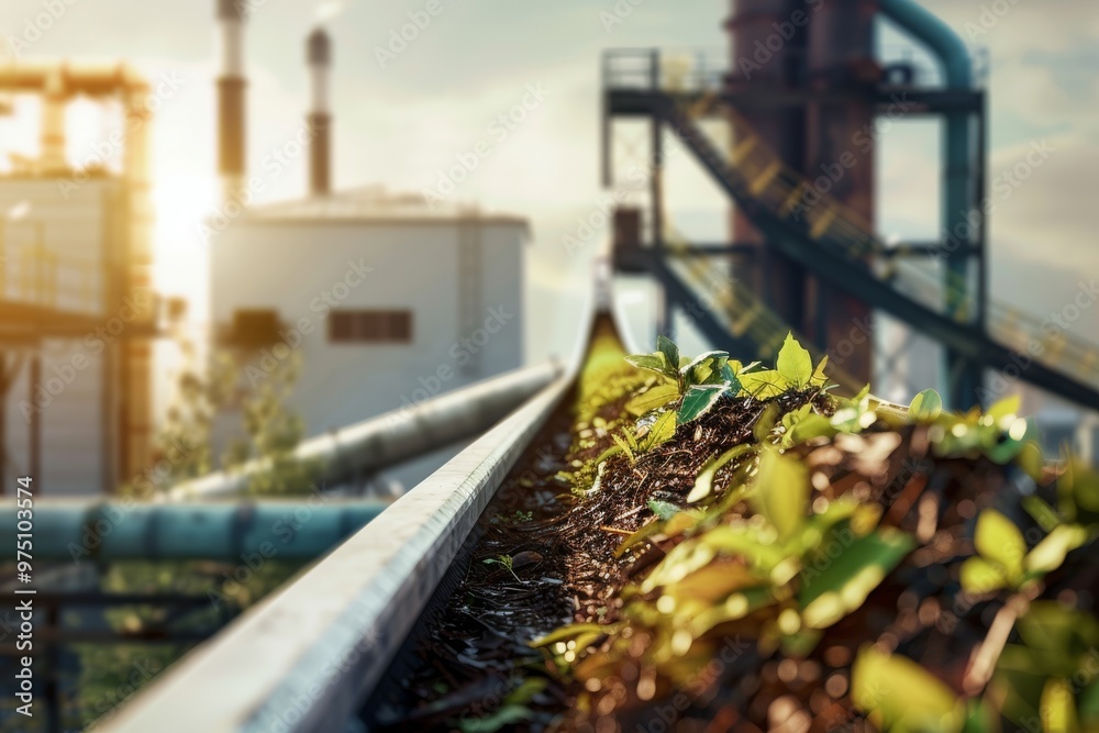 An industrial scene depicting green plants sprouting amidst machinery ...
