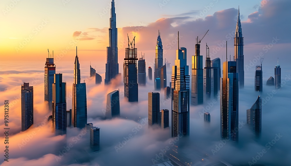Skyscrapers are looming in the clouds and clouds, and the towering ...