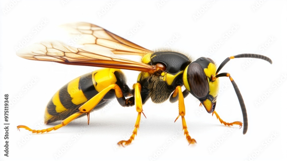 hornet stands confidently on its legs, showcasing its intricate yellow ...