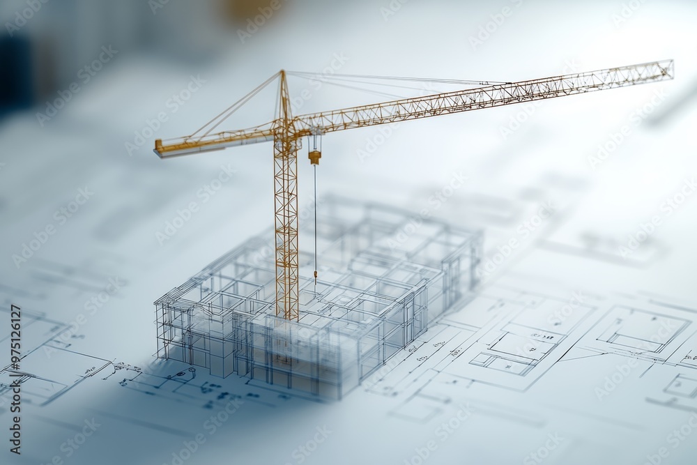 3d blueprint of building construction featuring crane in action and ...