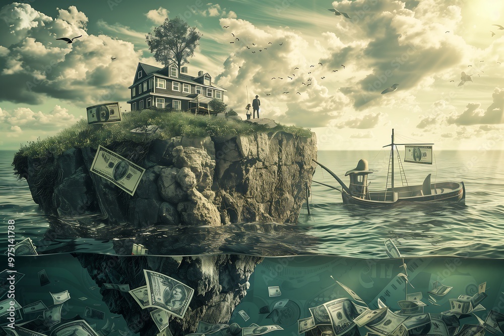 Surreal concept art of a house on a money island floating in a sea of ...