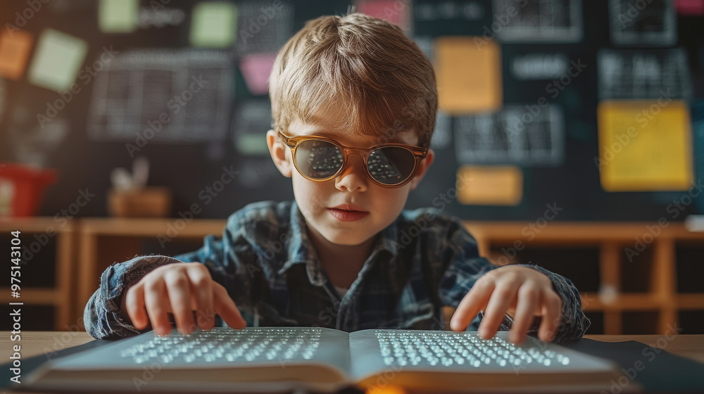 blind child running fingers across braille book page with school ...