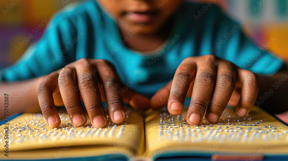blind child running fingers across braille book page with school ...