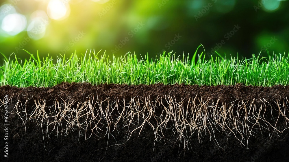 Foto de Close-up of grass roots in rich soil with a blurred green ...