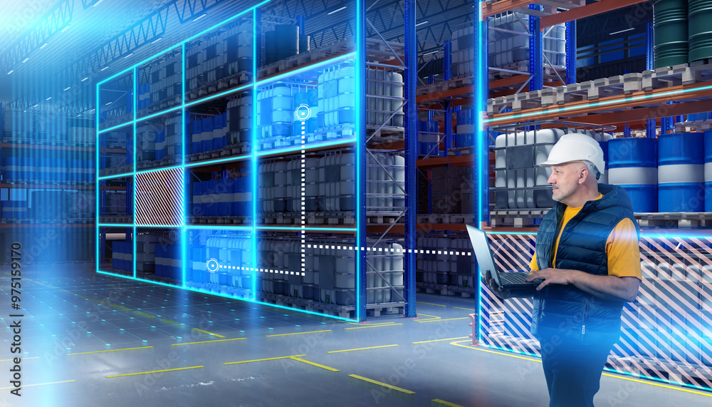 Warehouse logistics. Man standing inside storage hangar. Logistics ...