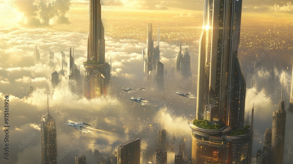 Distant future city floating in the clouds, with sleek, silver towers ...