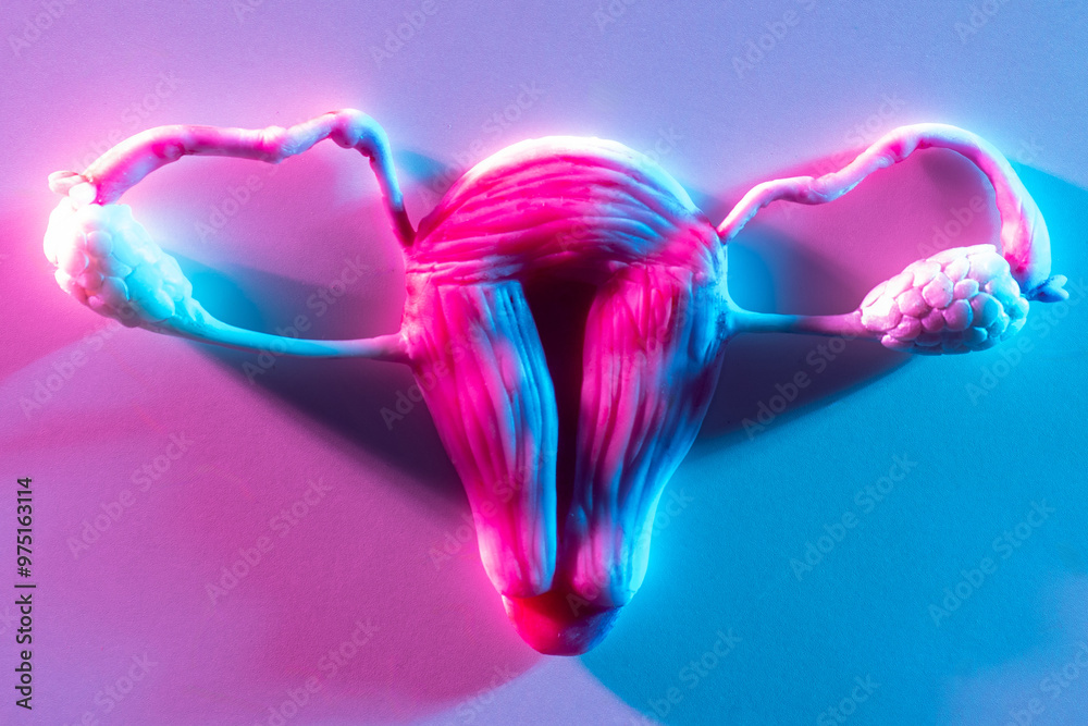 Woman uterus. Female genital organs. Model of uterus and ovaries. Organ ...
