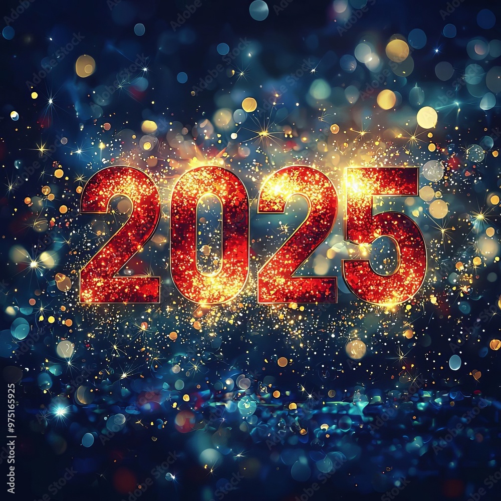 Happy New Year 2025 The year "2025" shining brightly in vivid red and ...