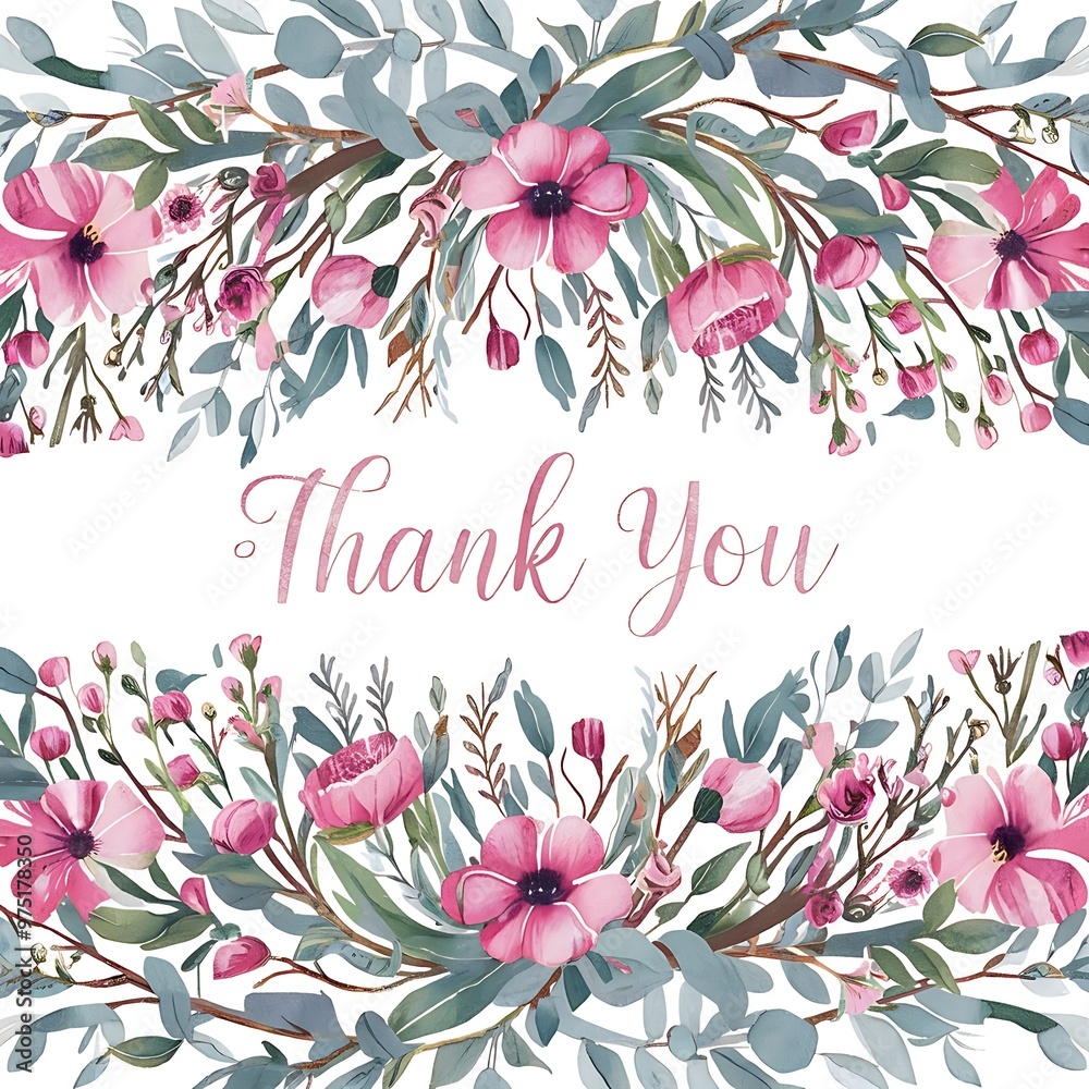 Floral border, card template with watercolor pink flowers, wildflowers ...