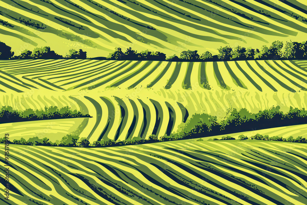 Farm field landscape on small hills. Furrows pattern in a plowed ...