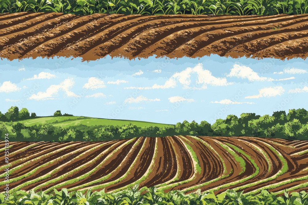 Farm field landscape on small hills. Furrows pattern in a plowed ...