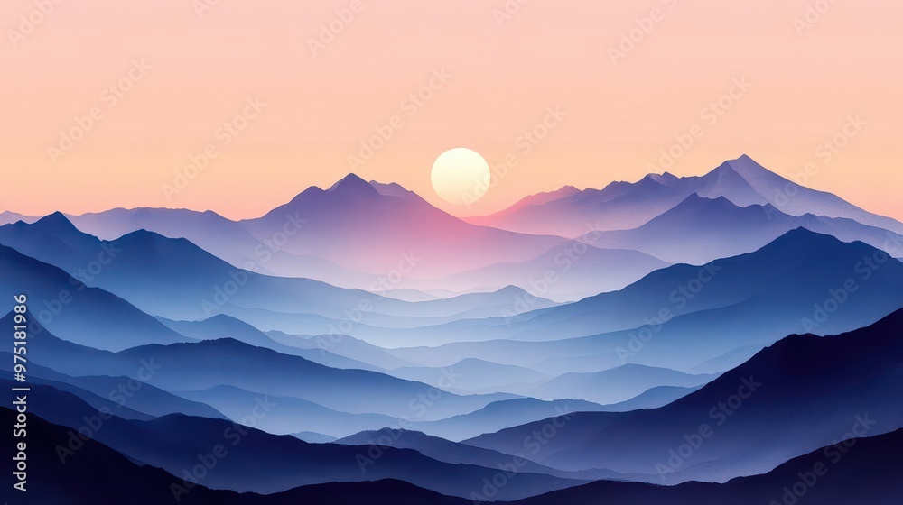 Sunrise-lit mountain range, flat design, triadic color palette, vintage ...