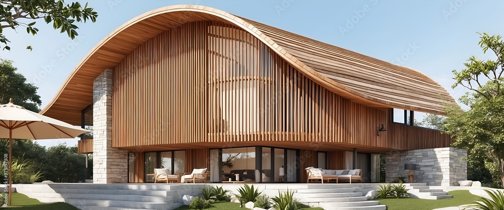 modern, stylish house with a unique curved roof design. The structure ...