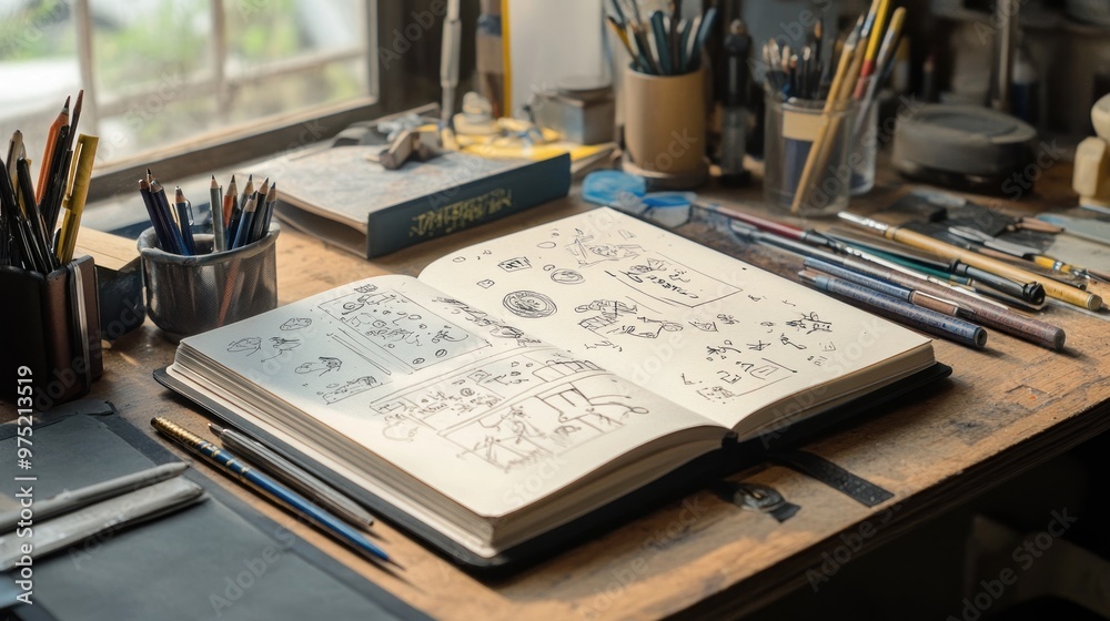 A desk setup with a sketchbook open to a page of hand-drawn doodles ...