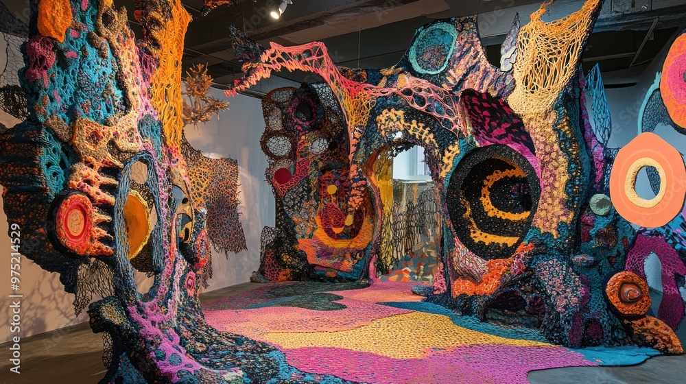 A dynamic art installation featuring a riot of colors, diverse ...