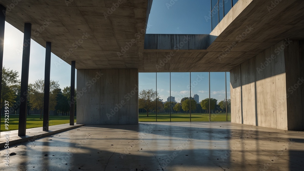 Concrete structure with open roof and glass walls in urban setting ...