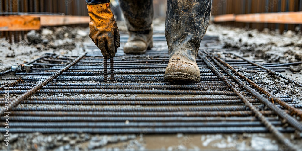 Closeup of a construction worker's foot stepping on rebar, with one ...
