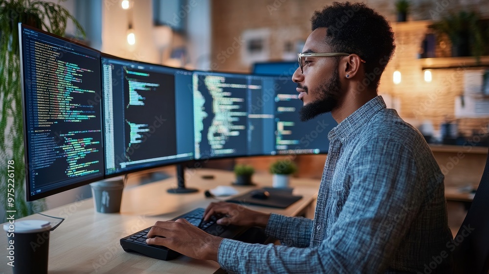 Young professional coding on multiple curved monitors with AI ... Young professional coding on multiple curved monitors with AI ...