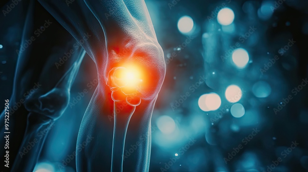 An animated depiction of a knee joint with a highlighted pain area ...