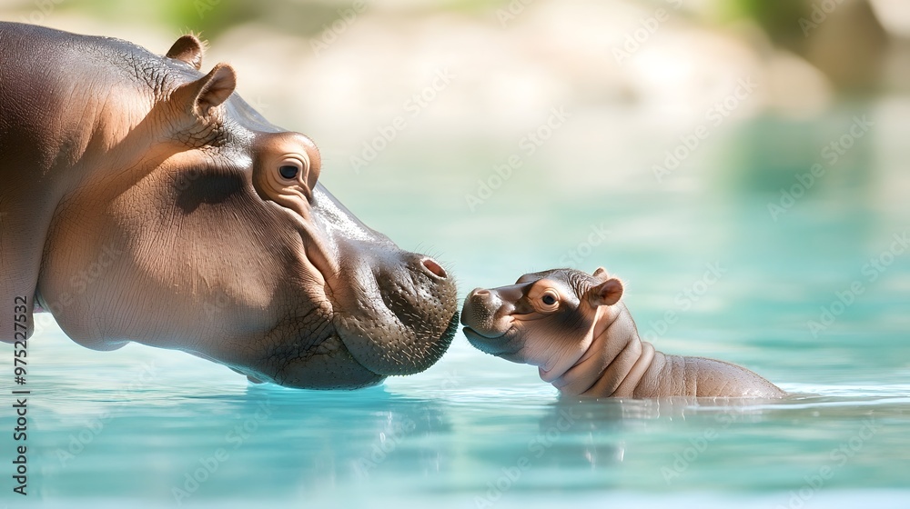 Serene Hippo Family Bonding - Heartwarming Moment of a Baby Hippo Calf ...