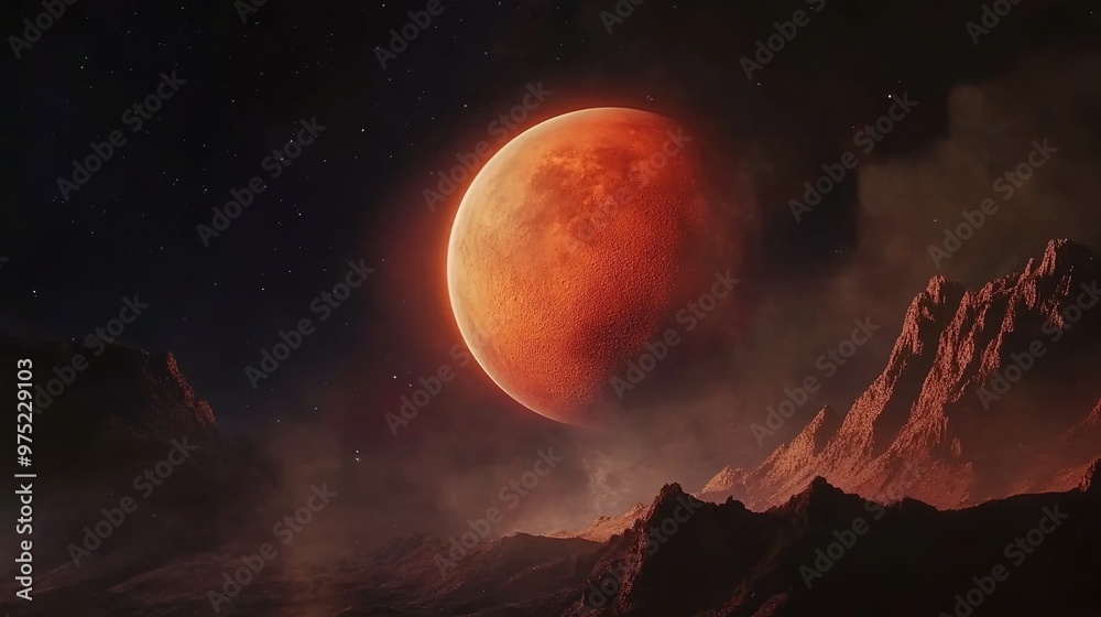 The planet Mars depicted in vivid red, highlighting its characteristic ...