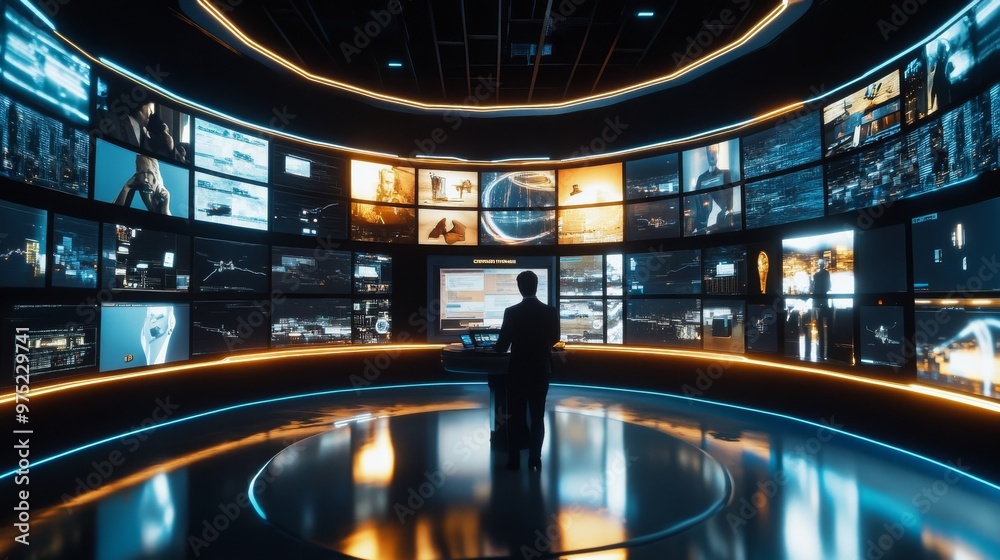 A news studio with screens showing the top trendy topics of 2024 ...