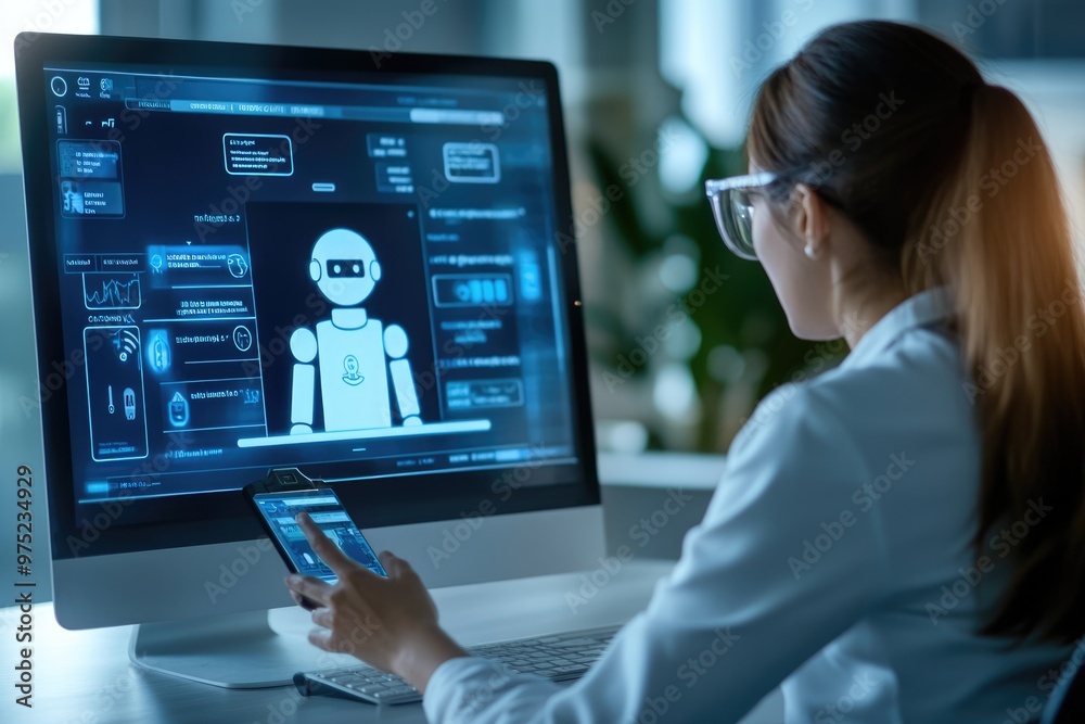 A business professional monitors a chatbot interface on their computer ...