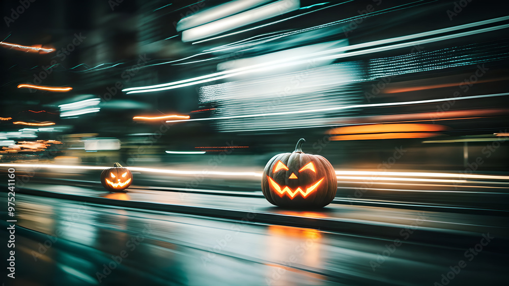 Glowing pumpkins with motion blur, nighttime Halloween scene for web ...