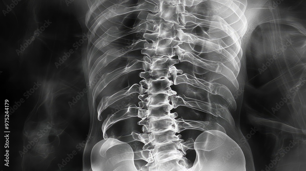 X-ray image showcasing the human spine, highlighting vertebrae and overall spinal structure ...
