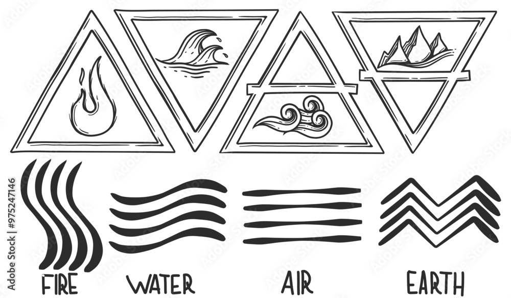 Four elements of nature power symbols hand drawn. 4 elements of nature ...