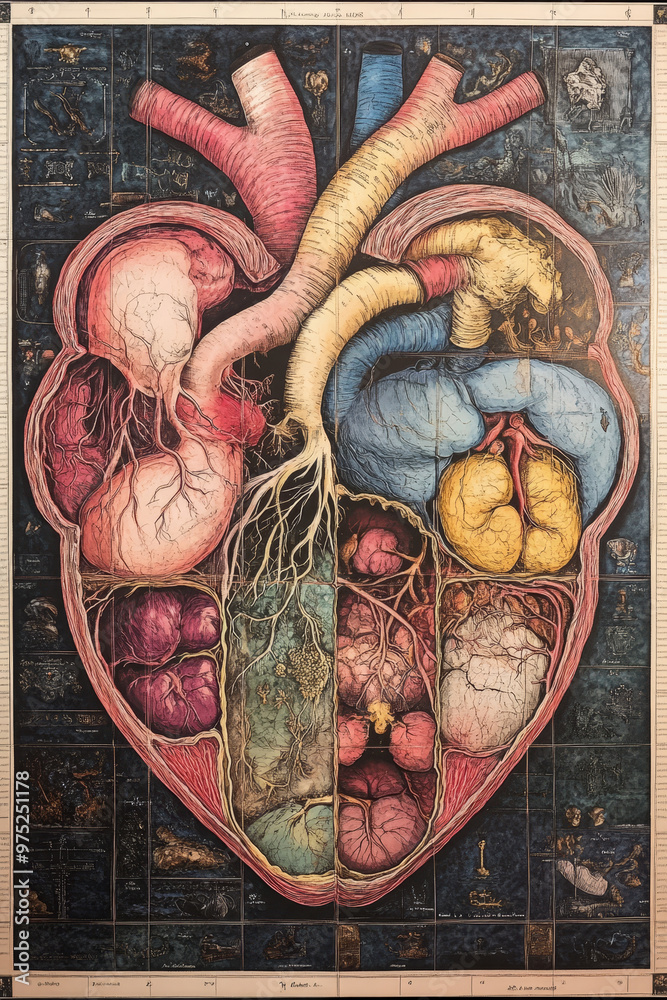 A detailed map of human heart showcasing its chambers, arteries, and ...